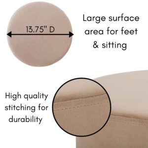 BIRDROCK HOME Round Taupe Velvet Ottoman Foot Stool – Soft Compact Padded Vanity Stool - Great for The Living Room, Bedroom and Kids Room - Small Furniture (Taupe)