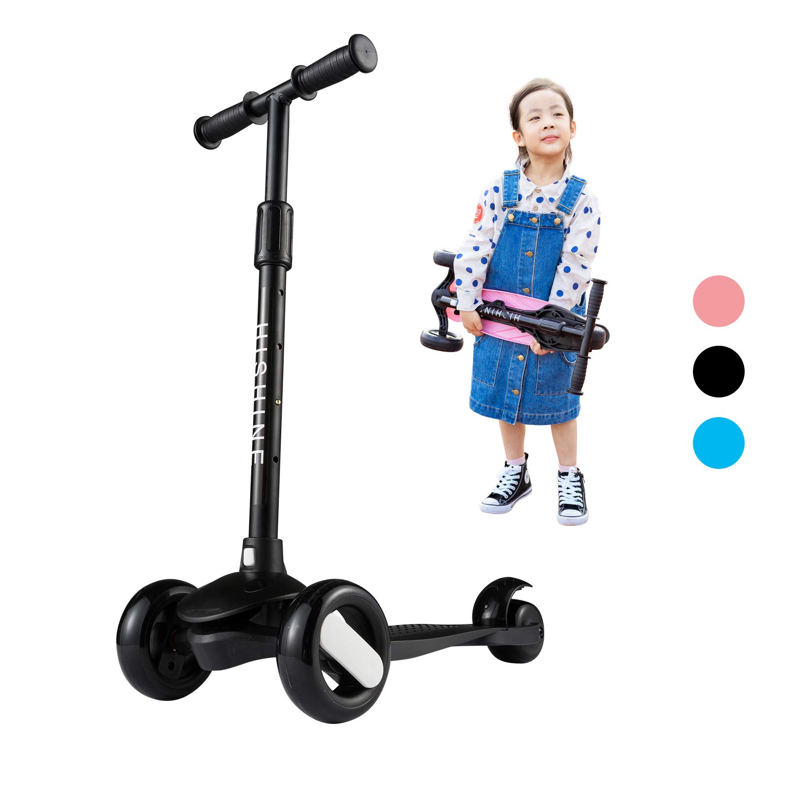 Kick Scooter for Kids with 3 Big Light Up Wheels, Lean to Steer, Adjustable Height, Wheel Scooter for Boys Girls Toddler (Black)