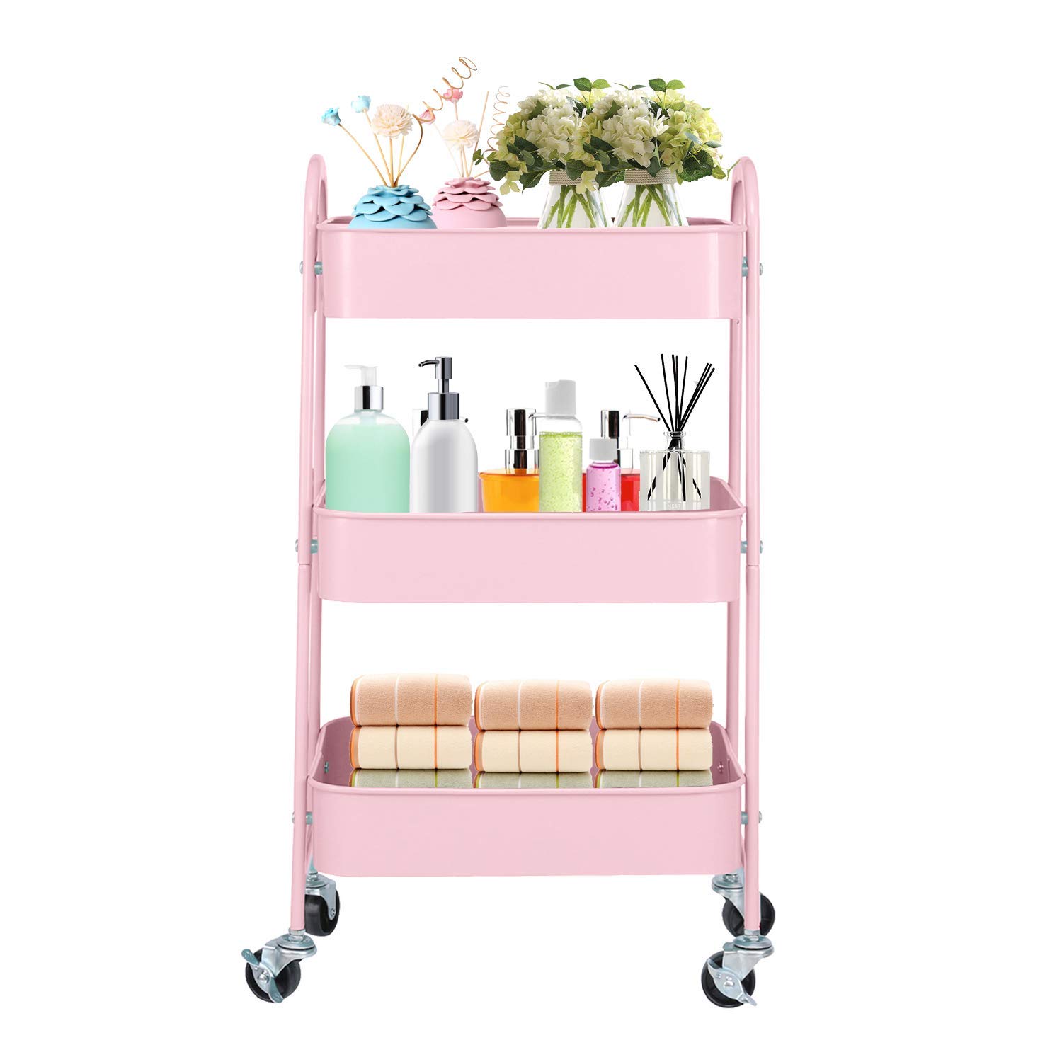 3-Tier Metal Mesh Utility Rolling Cart Storage Organizer with Wheels, Pink