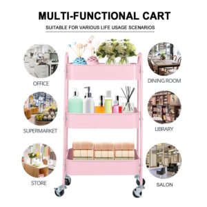 3-Tier Metal Mesh Utility Rolling Cart Storage Organizer with Wheels, Pink