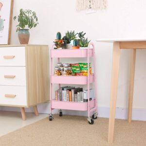 3-Tier Metal Mesh Utility Rolling Cart Storage Organizer with Wheels, Pink