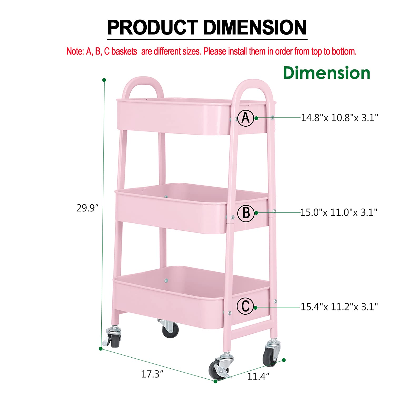 3-Tier Metal Mesh Utility Rolling Cart Storage Organizer with Wheels, Pink