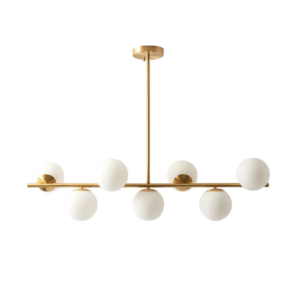 KCO Lighting Modern Brass Linear Chandelier Pendant Light 7-Lights Gold and White Glass Pendant Lighting Mid Century Globe Dining Light Fixture for Living Room Kitchen