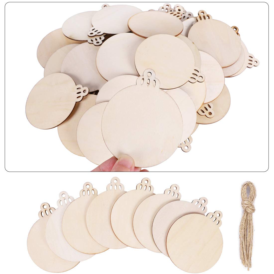 Max Fun 60PCS 3.5" DIY Wooden Christmas Ornaments Unfinished Predrilled Wood Slices Circles for Crafts Round Centerpieces Discs Holiday Hanging Decorations