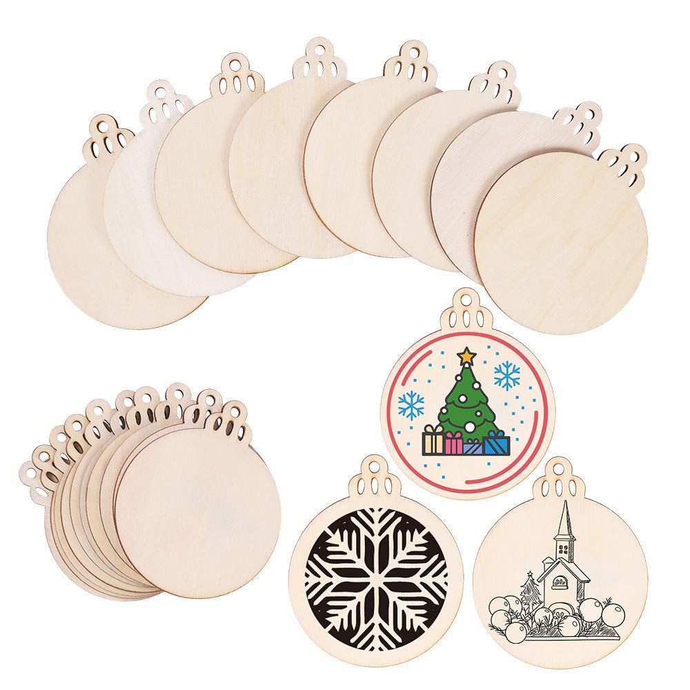 Max Fun 60PCS 3.5" DIY Wooden Christmas Ornaments Unfinished Predrilled Wood Slices Circles for Crafts Round Centerpieces Discs Holiday Hanging Decorations