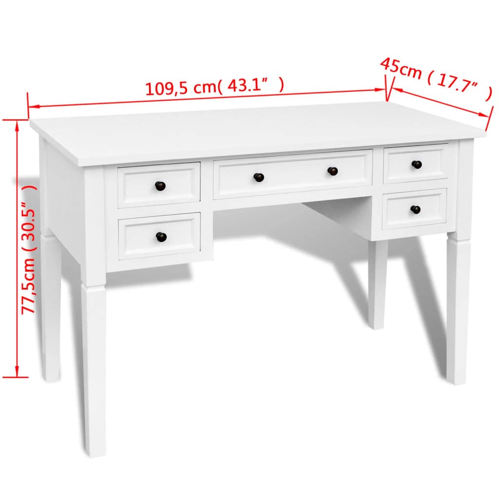 vidaXL Writing Desk with 5 Drawers French Style Computer Laptop Book Table Home Office Side Stand Learning Study Storage Furniture White