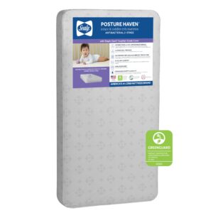 sealy posture haven orthopedic antibacterial 2-stage dual firm waterproof baby crib mattress & toddler bed mattress, non-toxic, air quality certified, 182 premium coils, made in usa, 52"x28"