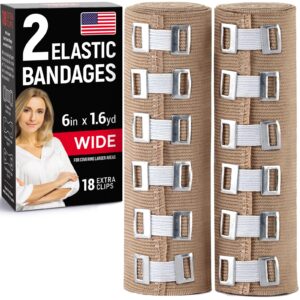 premium elastic bandage wrap – 2pk + 18 extra clips – 6 in x 15ft – wide compression bandage wrap - waist, thigh, knee, lymphedema, body wrap