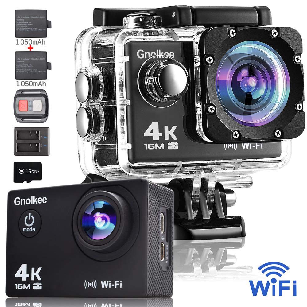 GNOLKEE WiFi Action Camera, 4K 16MP Underwater Camera, 170 Wide-Angle Sports Camera with Remote Control, 2 Batteries, 32GB TF Card, 24 Accessory Installation kit [2024 Upgrade]