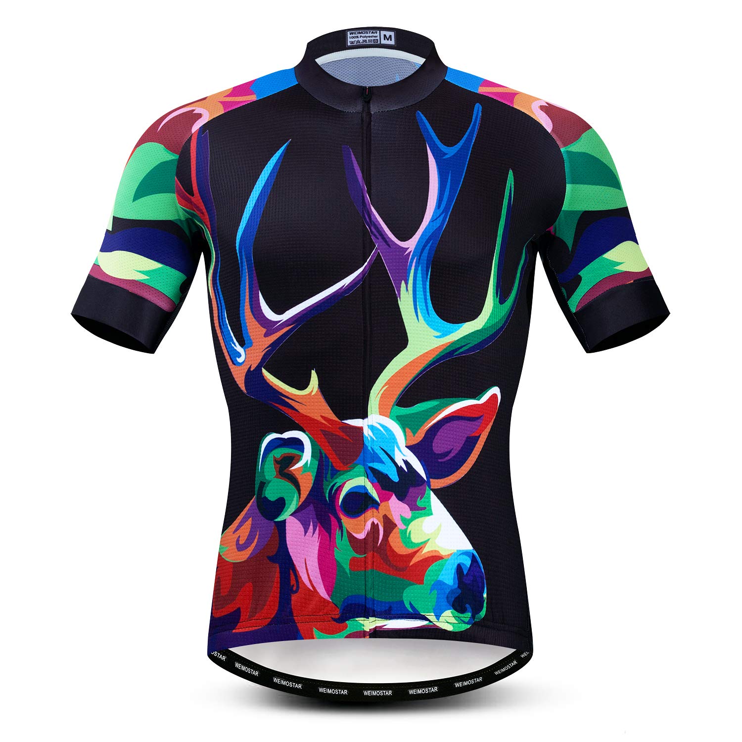 Weimostar Cycling Jersey Men Short Sleeve MTB Road Mountain Bike Biking Shirt Full-Zip Tops Bicycle Clothes Colorful Elk Size XL