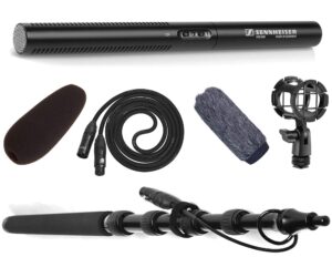 sennheiser mke 600 video, cinema and broadcasting shotgun microphone complete kit with lyxpro boompole, shockmount, windscreen bundle