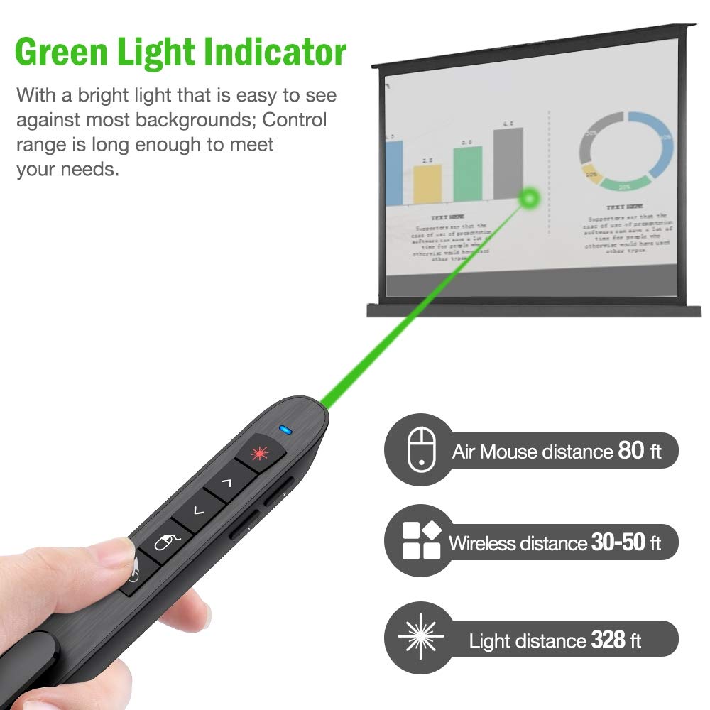 Air Mouse Green Light Presentation Remote Control USB Rechargeable Presentation Clicker Wireless Presenter RF 2.4 GHz Powerpoint Clicker Slide Advancer Changer Mac/Laptop/Computer