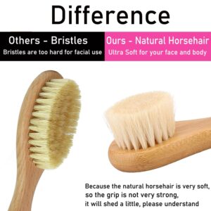 Facial Cleansing Brush, Natural Horsehair Exfoliator Face & Body Brush Wooden Handle, Dry Soft Brush for Smooth Radiant Skin, Lymphatic Drainage, Unclogging Pores, Reduce Swelling, Removing Blackhead