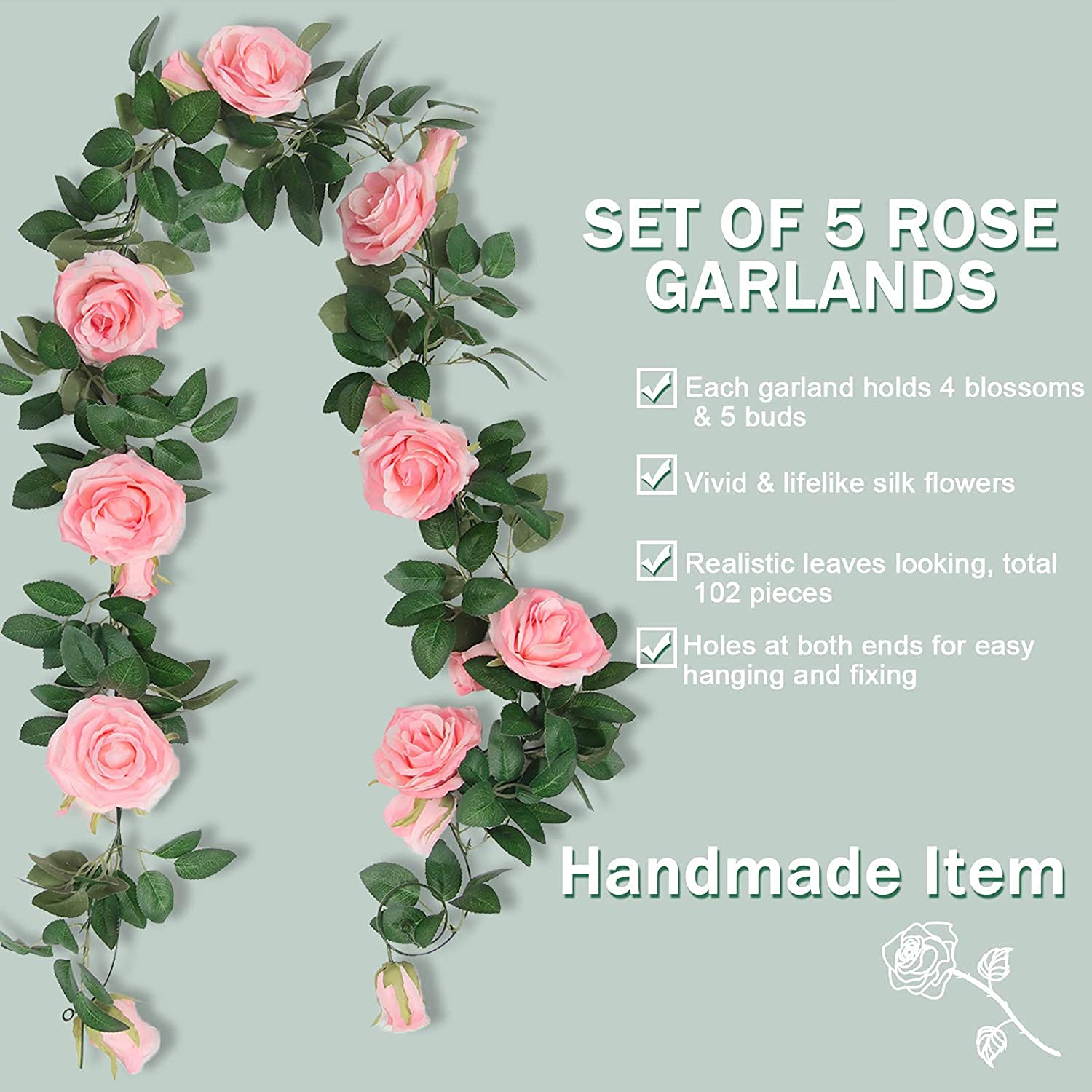 U'Artlines 5 Pack Artificial Pink Rose Vines Floral Garlands Total 32.5 Ft Fake Vine Silk Flower Garland for Indoor Outdoor Home Wedding Arch Garden Wall Decoration