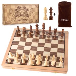 amerous magnetic wooden chess set, 15 inches handmade wooden folding travel chess board game sets with chessmen storage slots for kids and adults, 2 bonus extra queens, gift box packed