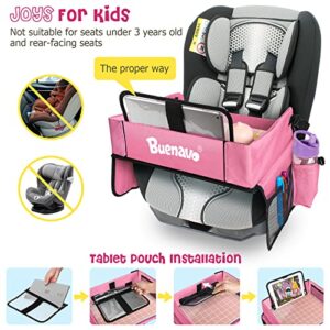 BUENAVO [New Version] Car Seat Organizer Kids Travel Tray for Kids Toddlers Activities in Car Seat, Stroller, Airplane | Waterproof Dry Erase Top | Side Pocket & Water Bottle Holder