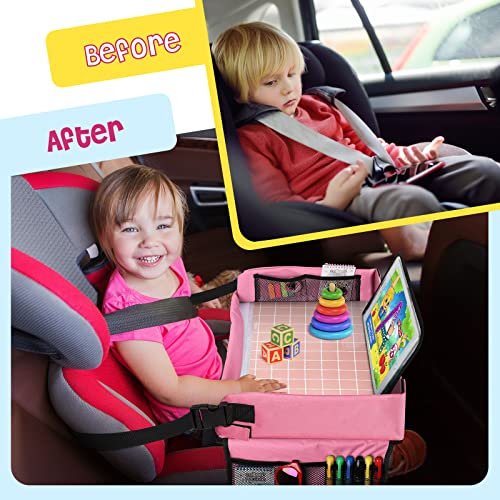 BUENAVO [New Version] Car Seat Organizer Kids Travel Tray for Kids Toddlers Activities in Car Seat, Stroller, Airplane | Waterproof Dry Erase Top | Side Pocket & Water Bottle Holder