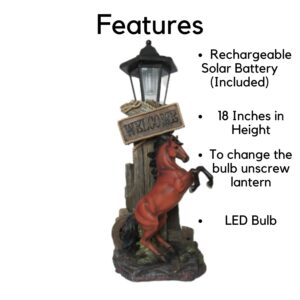 DWK - Stallion's Greeting - Western Welcome Rearing Horse with Rope Figurine Solar Lantern Sun Powered LED Garden Decor Patio Light Landscape Accent, 18-inch