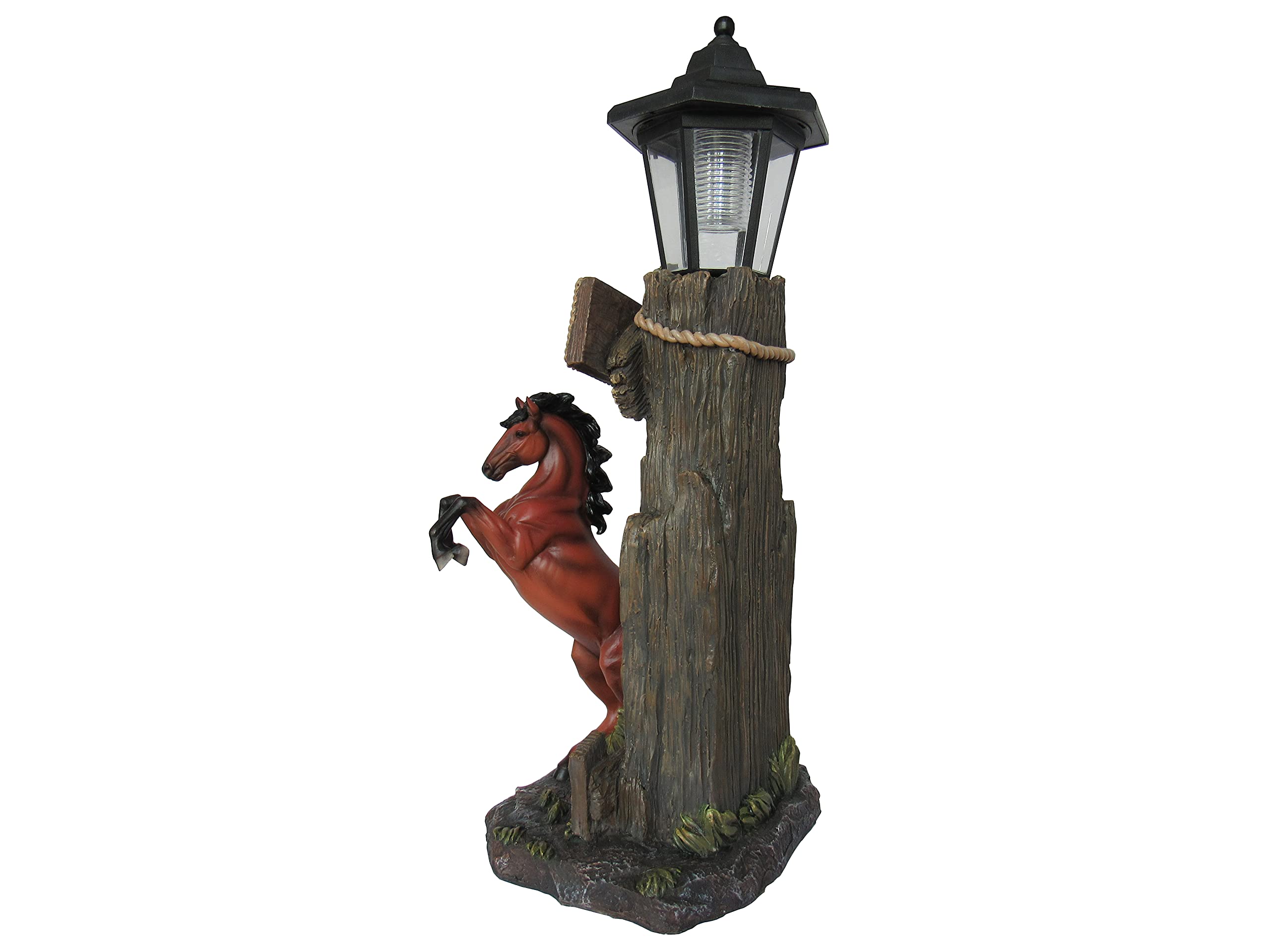 DWK - Stallion's Greeting - Western Welcome Rearing Horse with Rope Figurine Solar Lantern Sun Powered LED Garden Decor Patio Light Landscape Accent, 18-inch