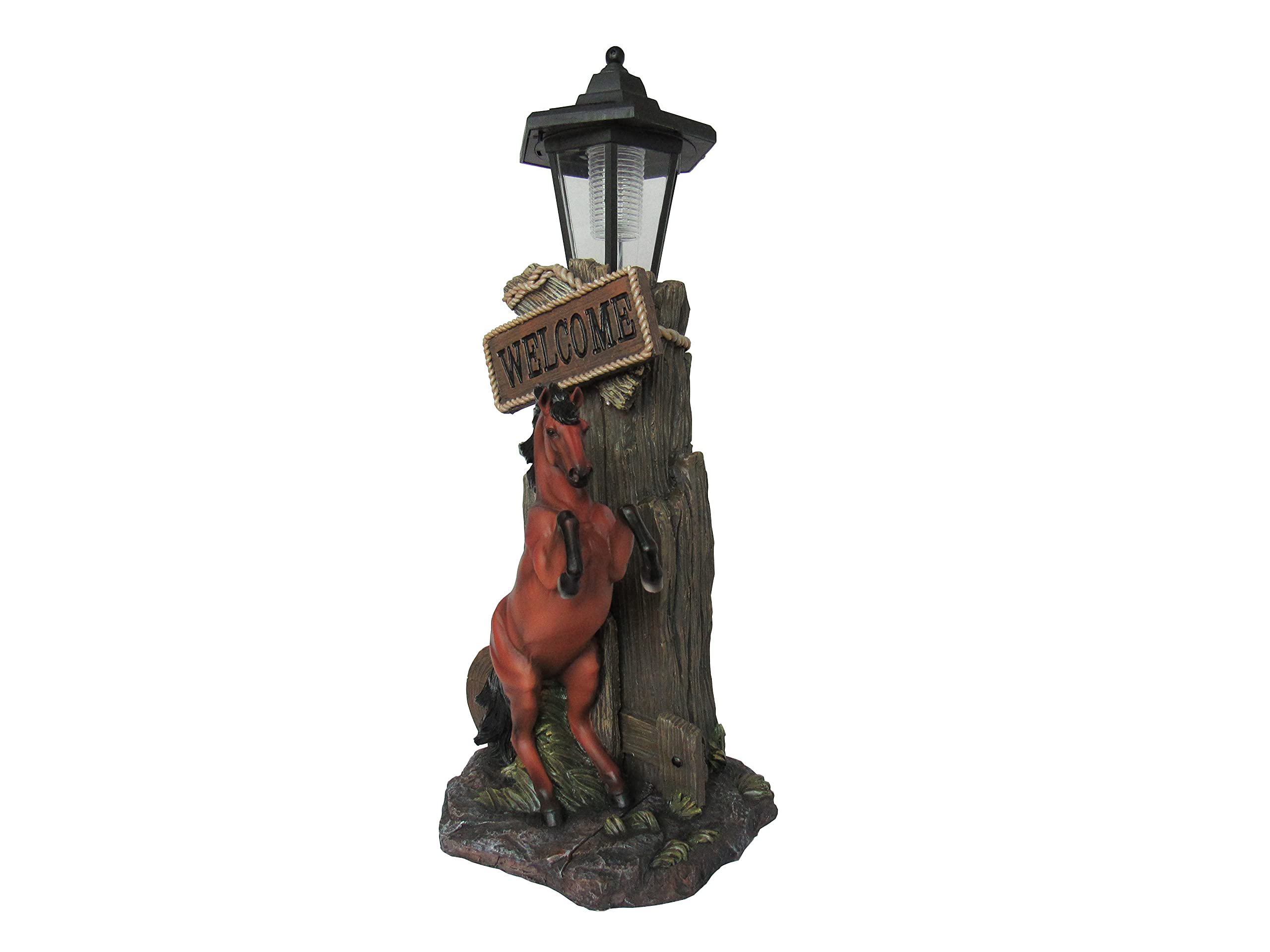 DWK - Stallion's Greeting - Western Welcome Rearing Horse with Rope Figurine Solar Lantern Sun Powered LED Garden Decor Patio Light Landscape Accent, 18-inch