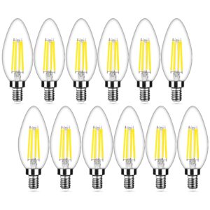 12-pack dimmable e12 led candelabra bulbs 40watt equivalent, 5000k daylight white, 450lumens, 4w b11 vintage chandelier light bulbs, led filament clear glass candle lamp for ceiling fan home decor