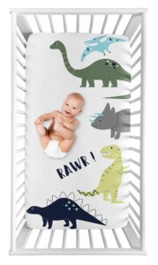 sweet jojo designs mod dino boy fitted crib sheet baby or toddler bed nursery photo op - blue, green and grey rawr modern dinosaur