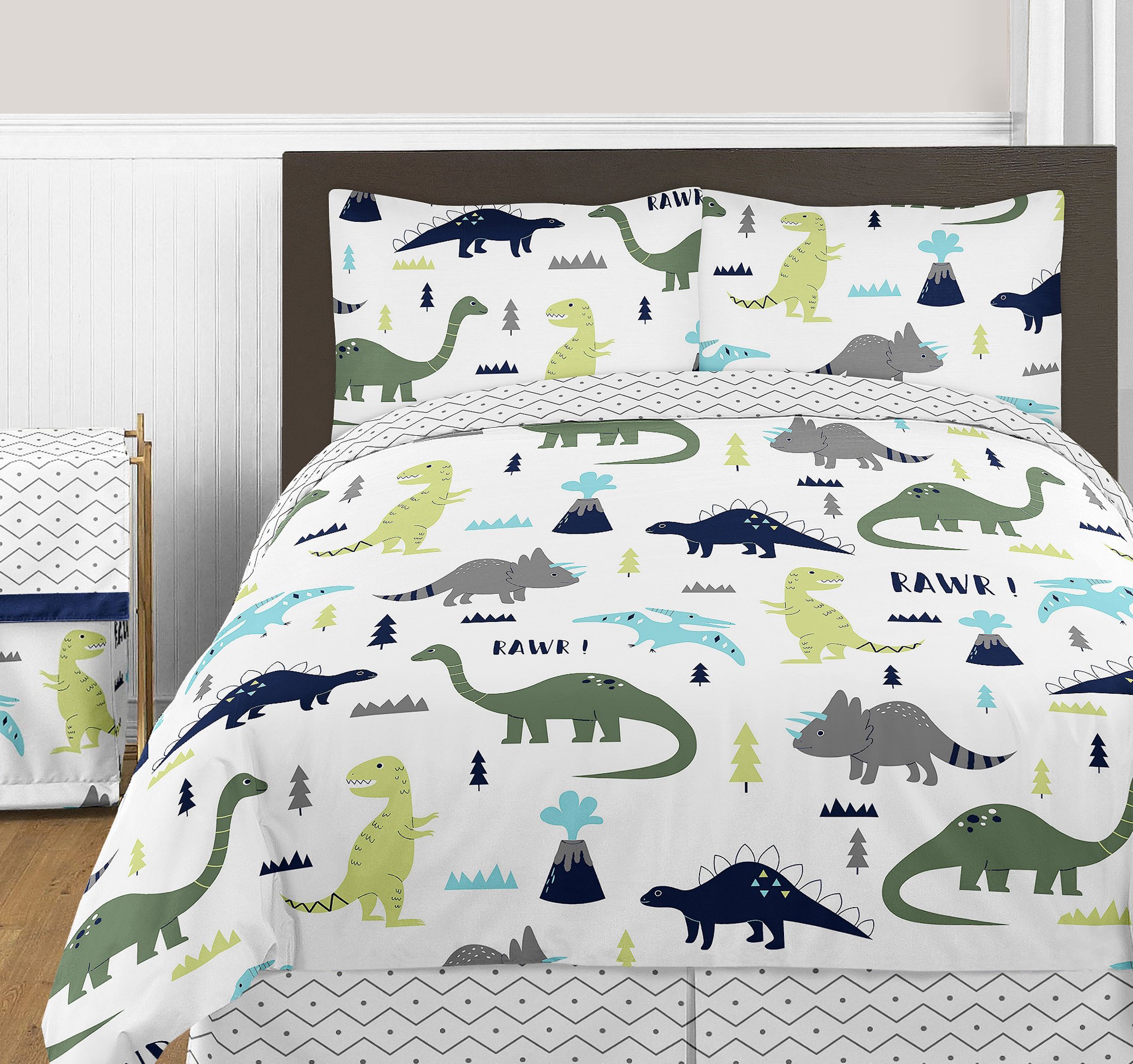 Sweet Jojo Designs Mod Dino Boy Fitted Crib Sheet Baby or Toddler Bed Nursery Photo Op - Blue, Green and Grey Rawr Modern Dinosaur