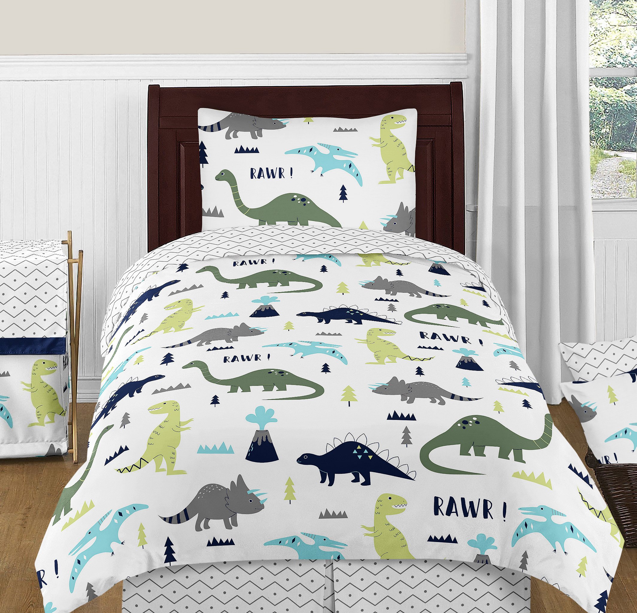 Sweet Jojo Designs Mod Dino Boy Fitted Crib Sheet Baby or Toddler Bed Nursery Photo Op - Blue, Green and Grey Rawr Modern Dinosaur