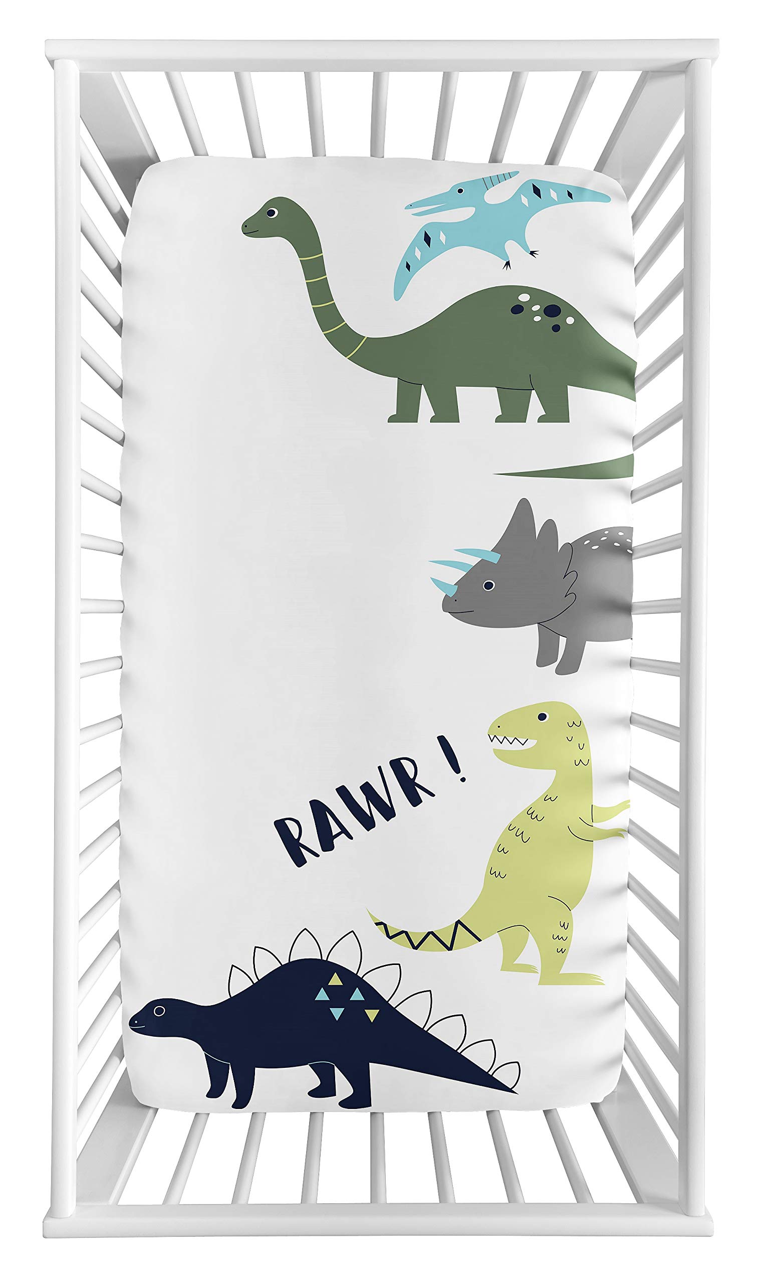 Sweet Jojo Designs Mod Dino Boy Fitted Crib Sheet Baby or Toddler Bed Nursery Photo Op - Blue, Green and Grey Rawr Modern Dinosaur