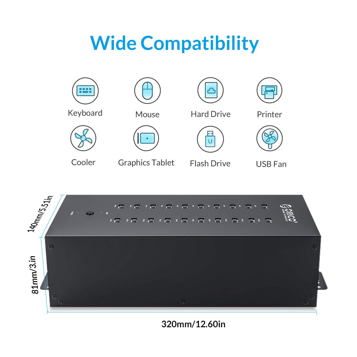 ORICO Industrial USB Hub, 20 Ports Mountable 150W Powered Industrial Grade USB 2.0 Hub, Full Metal Case, High-Speed Data Transfer