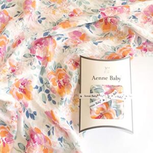 Aenne Baby, Muslin Swaddle Blanket for Girls, Infant Toddler Quilt, Swaddle Wrap for Girls, Luxurious Soft and Silky Stroller Cover, Floral Orange Pink Tropical Blankie, Large 47"x 47", 1 Pack