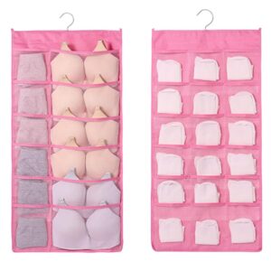 hanging closet organizer, dual-sided 30 pockets wall shelf wardrobe storage bags for underwear, stocking, bra and sock, mesh pocket with metal hanger - pink