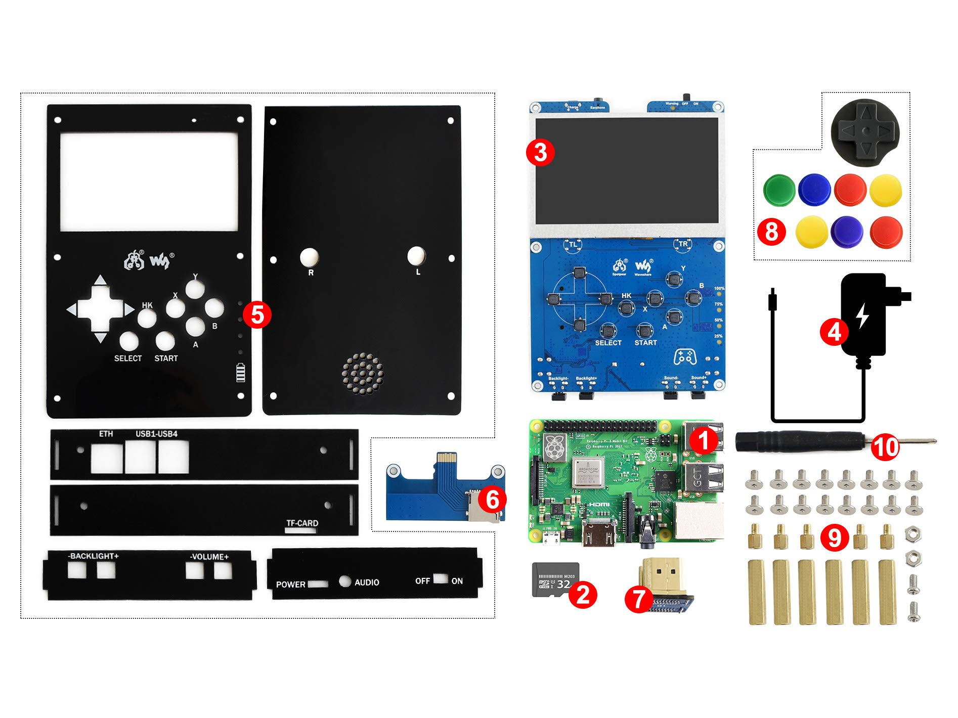 waveshare GamePi43 Portable Video Game Console Compatible with Raspberry Pi B+/2B/3B/3B+ 4.3inch IPS Display 800×480 Pixels Raspberry Pi 3B+ Included