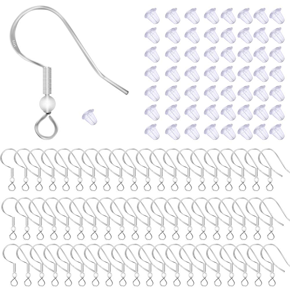 100 PCS/50 Pairs 925 Sterling Silver Earring Hooks Fish Hook Ear Wires French Wire Hooks Hypo-allergenic Jewelry Findings Earring Parts DIY Making with 100 PCS Clear Rubber Earring Safety Backs