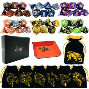 6 sets dnd dice double-color polyhedral dice dungeons and dragons rolling dice for rpg mtg table games dice bulk with free six drawstring bags and pu leather d&d dice tray