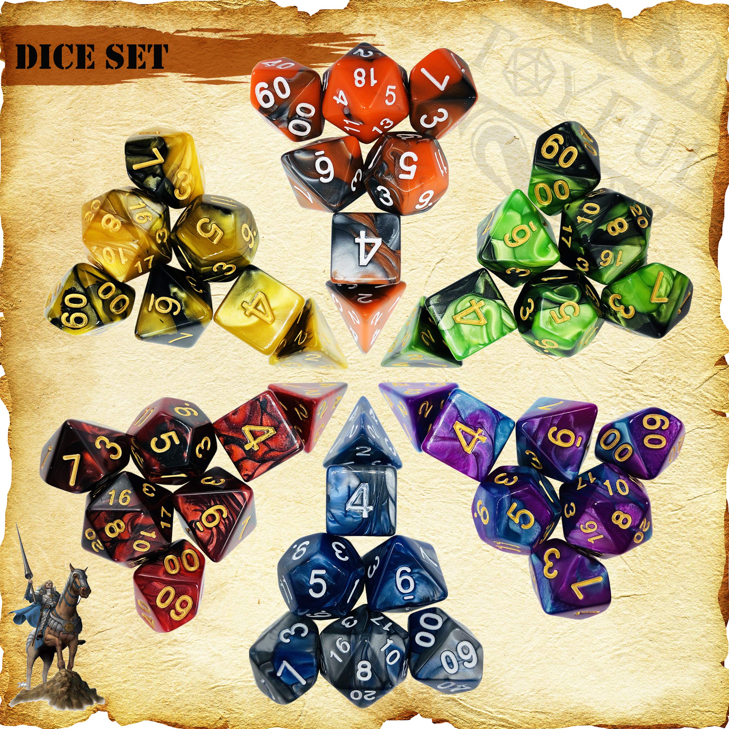 6 Sets DND Dice Double-Color Polyhedral Dice Dungeons and Dragons Rolling Dice for RPG MTG Table Games Dice Bulk with Free Six Drawstring Bags and PU Leather D&D Dice Tray