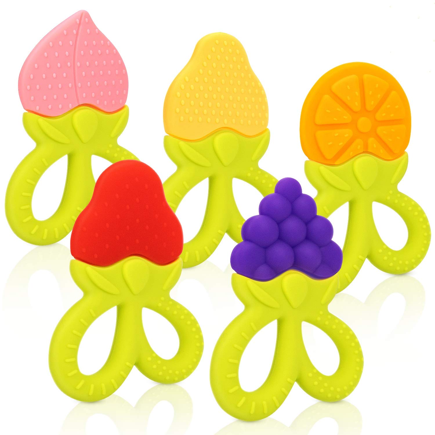 SHARE&CARE BPA Free Silicone Fruit Baby Teether Toys Baby Teething Toys with Storage Case, for 3 Months Above Infant Sore Gums Pain Relief(5 Scissor Hanlde)