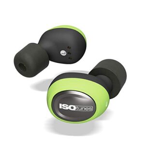 isotunes free true wireless earplug earbuds, 22 db noise reduction rating, 21 hour battery, noise cancelling mic, osha compliant bluetooth hearing protector (safety green)