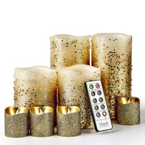 furora lighting gold glitter real wax candles with remote and timer, 4 pillars and 4 votives pack of 8, led flameless flickering candles for home décor, battery included