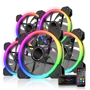 ezdiy-fab rgb dual ring 120mm case fans,5v motherboard sync,speed adjustable,rgb sync fan with 10-port fan hub x and remote-5 pack