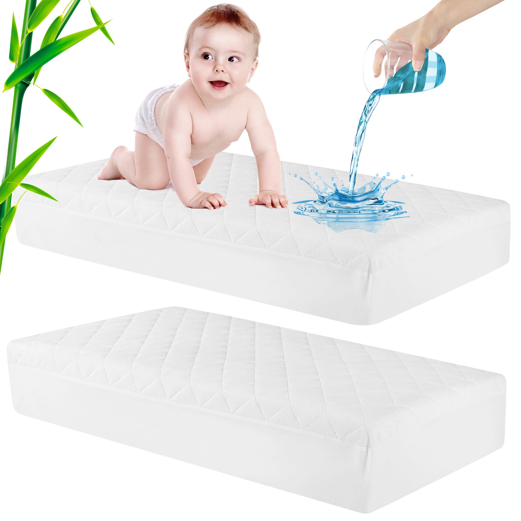 Waterproof Crib Mattress Protector, Baby Mattress Cover, Soft and Breathable Quilted Toddler Mattress Pad 52"×28", White, 2 Pack