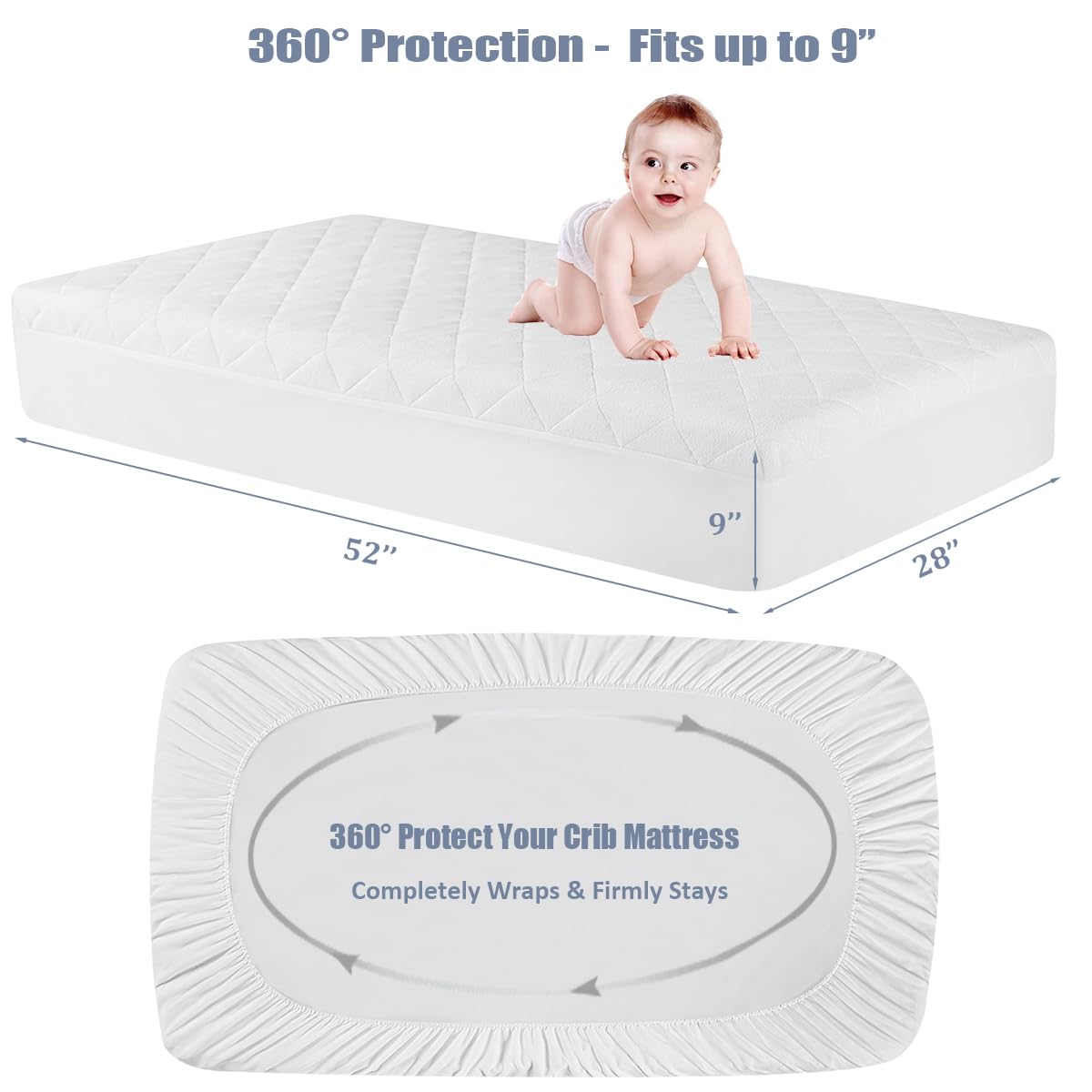 Waterproof Crib Mattress Protector, Baby Mattress Cover, Soft and Breathable Quilted Toddler Mattress Pad 52"×28", White, 2 Pack