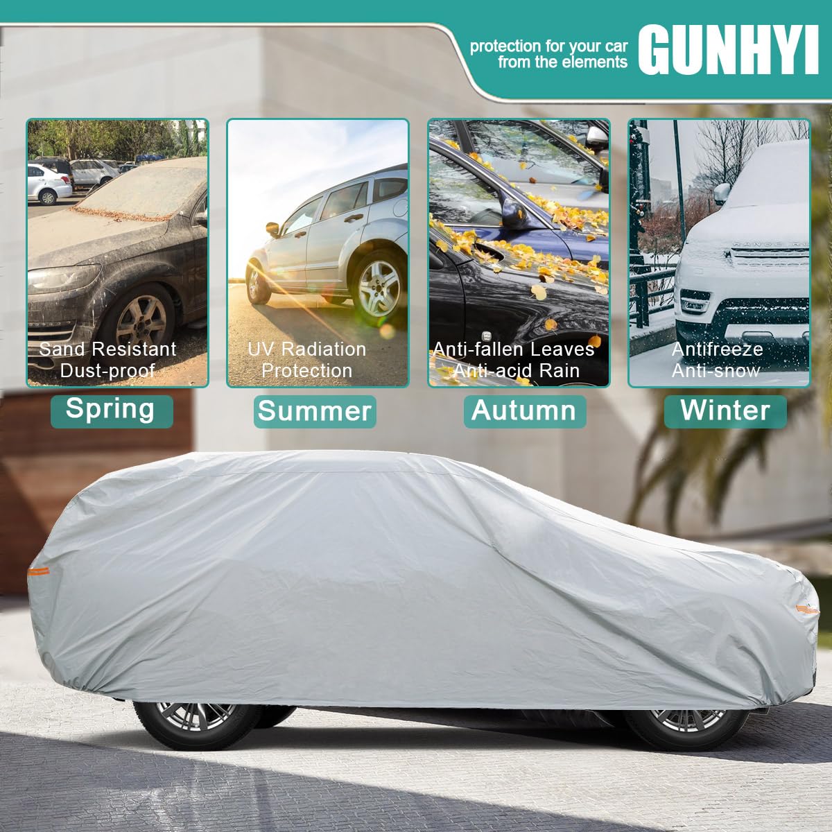 GUNHYI 5 Layer SUV Car Cover Waterproof All Weather, Universal Fit Ford Explorer, Honda Pilot, Nissan Murano, Jeep Grand Cherokee, Hyundai Palisade, Volkswagen Atlas etc, Up to 201 Inch