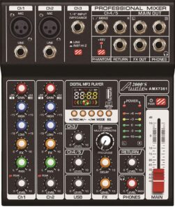 audio2000's amx7351 five-channel audio mixer with usb 5v power supply, usb interface, and sound effect