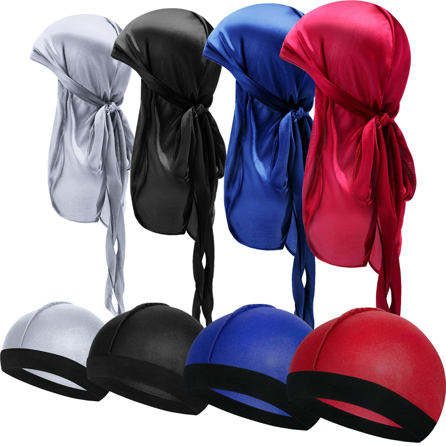 SATINIOR 8 Pieces Silky Durag Caps Elastic Wave Cap Long Tail Headwraps Wide Straps Waves (Red, Grey, Black, Royal Blue), Large