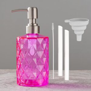 easy tang clear glass hand soap dispenser bathroom kitchen 12 oz refillable liquid crystal design bottle with silver pump (pink)