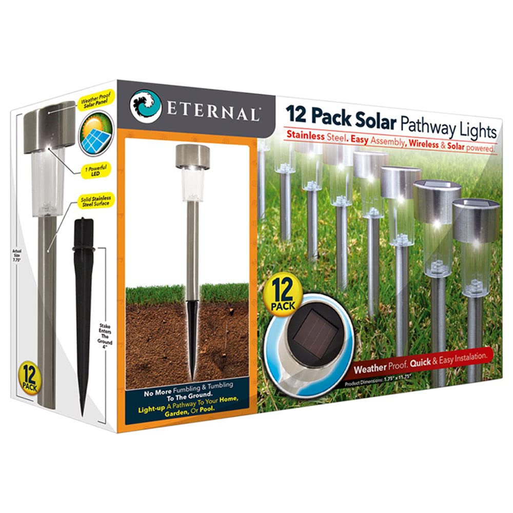 Eternal Living Garden Ideas 12pk Solar Garden Light | Stainless Steel Led Pathway Landscape Lighting for Patio or Yard