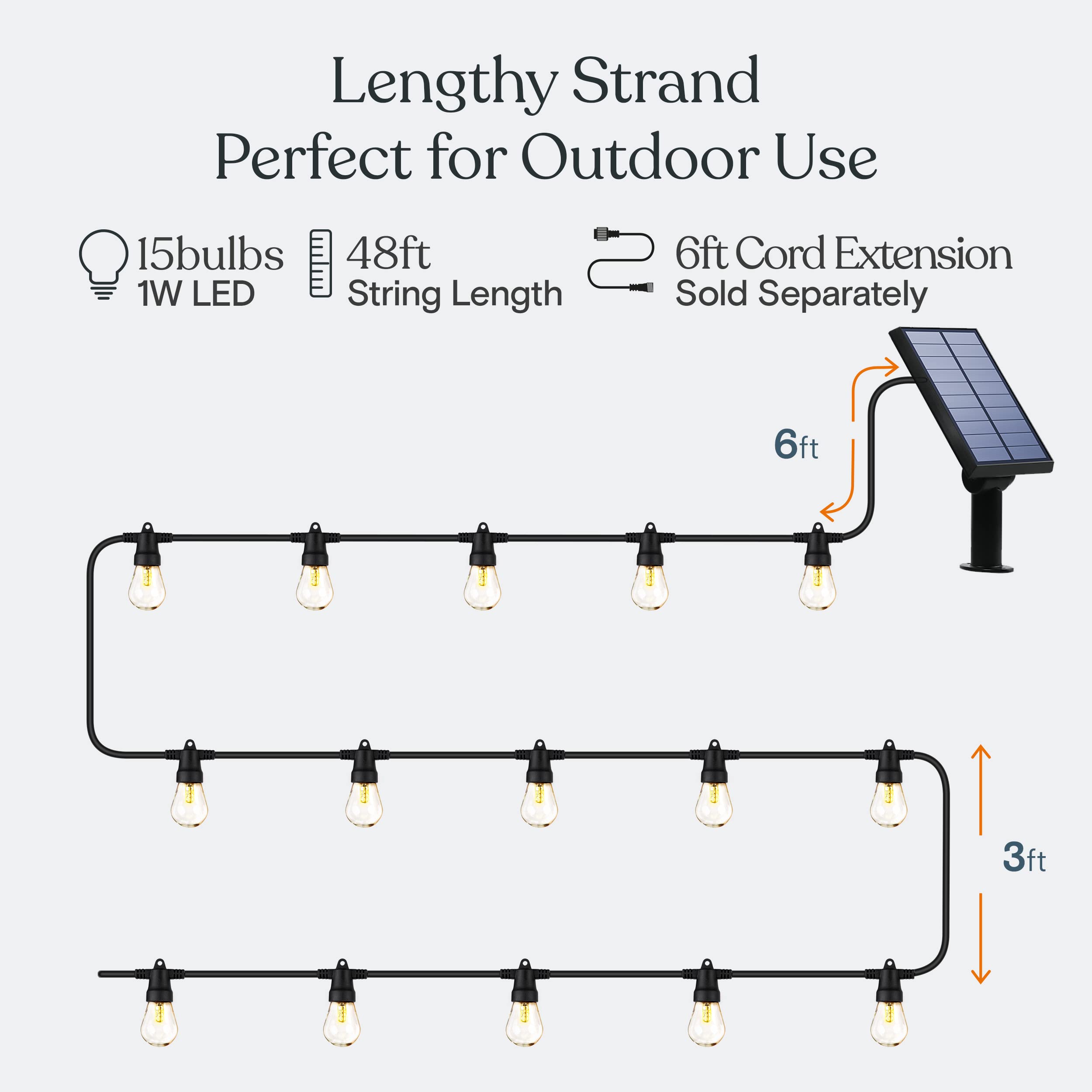 Brightech Ambience Pro Solar Powered Outdoor String Lights - Commercial Grade Patio Lights with 48 Ft Edison Bulbs - Shatterproof LED Solar Lights for - 1W LED, Warm White Light