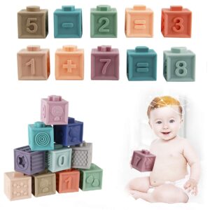 BOBXIN 15 PCS Baby Blocks Toys Soft Stacking Blocks Baby Sensory Ball Teether Infant Bath Toys Squeeze Play with Numbers Shapes Animals Fruit and Textures Toy for Babies Toddlers 6 Months