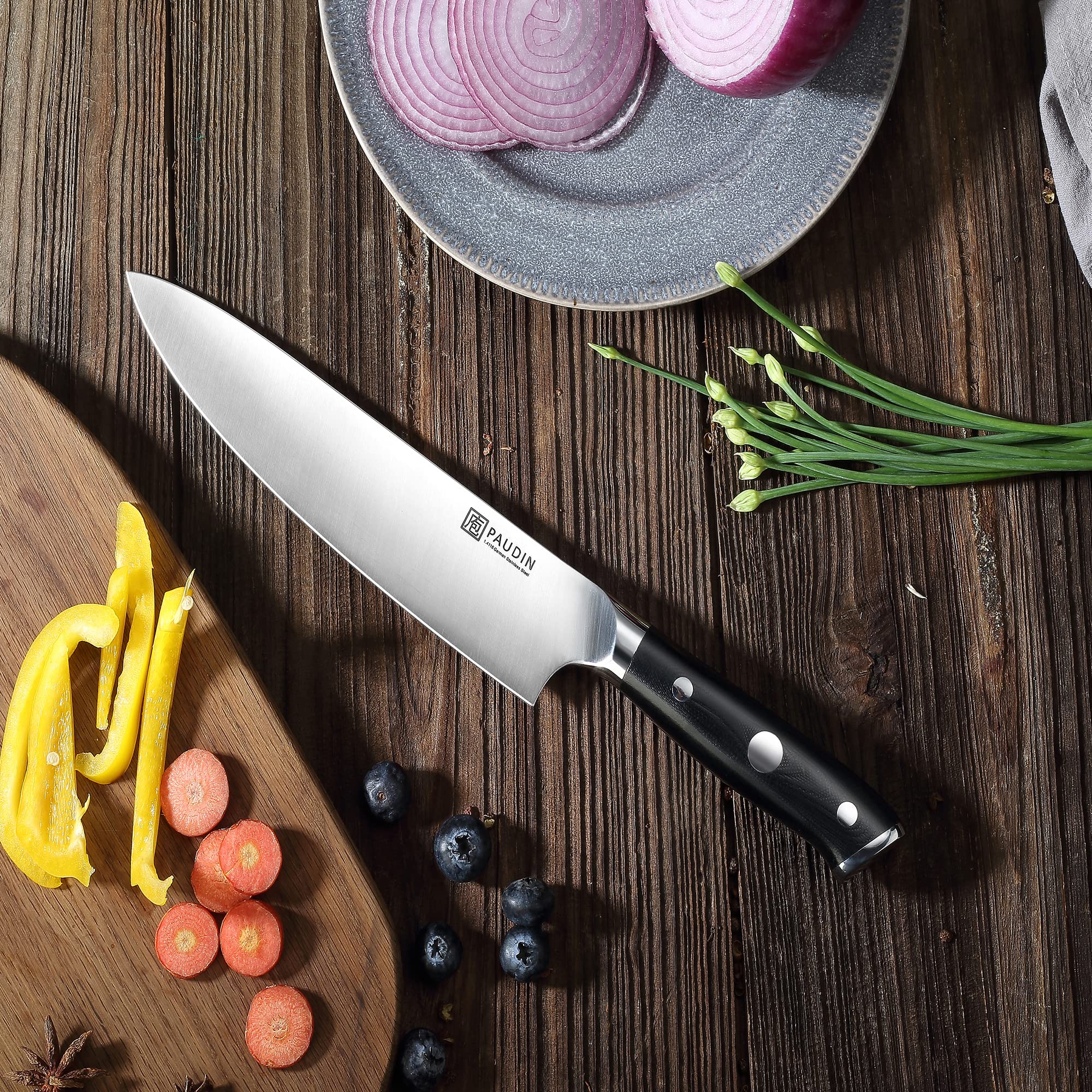 PAUDIN Chef Knife 8 Inch, Professional Kitchen Knife, 7Cr17MoV German Stainless Steel Forged Chefs Knife with Ergonomic G10 Handle, Classic Chef's Knife Meat Knife with Gift Box